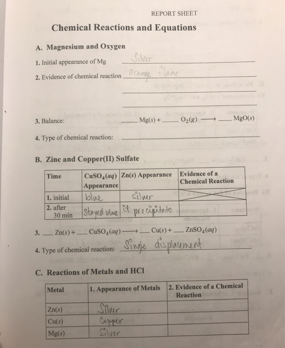 Solved REPORT SHEET Chemical Reactions and Equations A. | Chegg.com