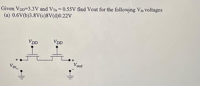 Solved Given VDD 3.3V and VT=0.55V find Vout for the | Chegg.com
