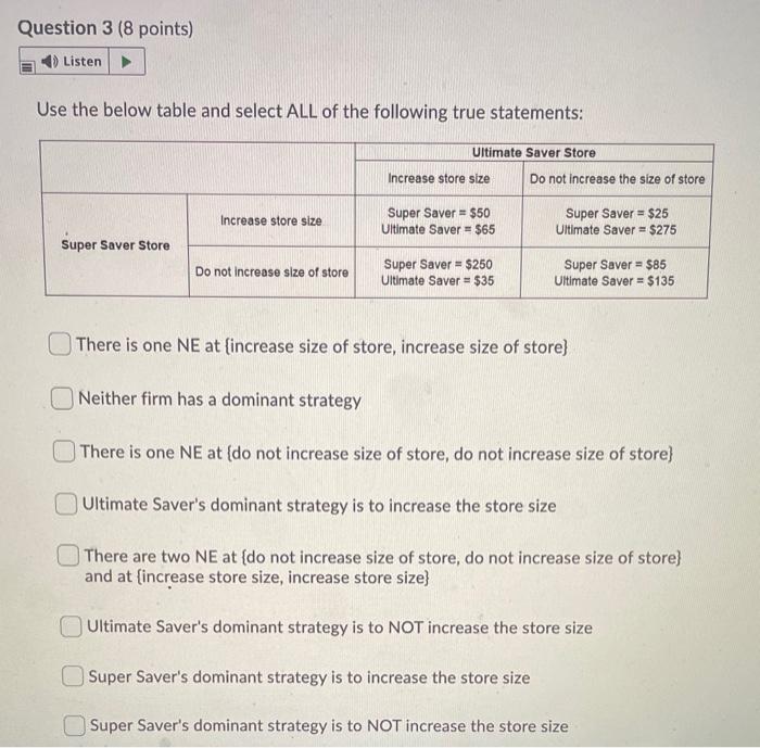 Solved Question 3 (8 points) Listen Use the below table and | Chegg.com