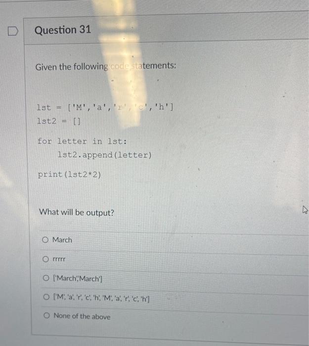 Solved Given the following code statements: lst | Chegg.com