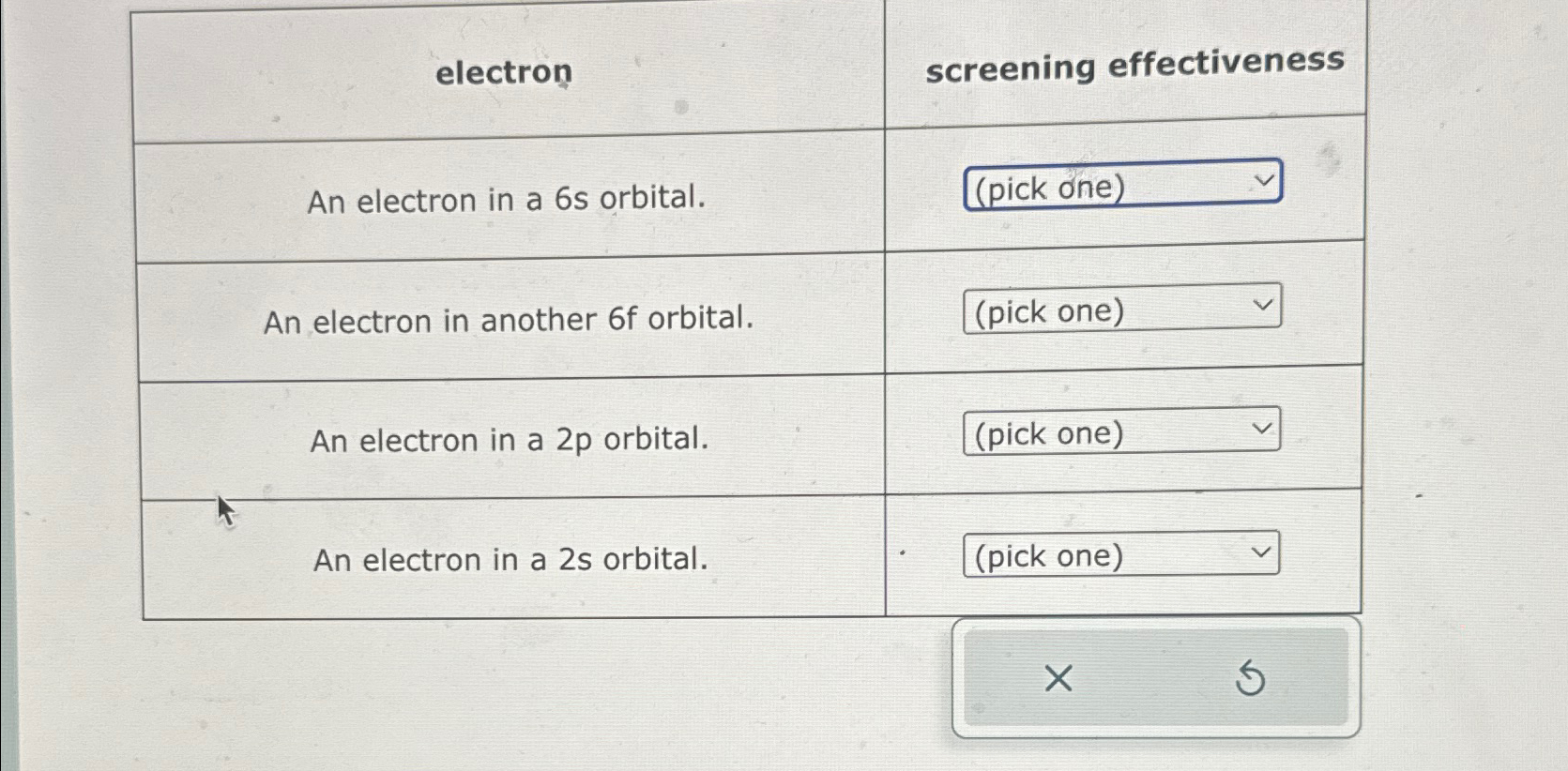 Solved \table[[electron,screening effectiveness],[An | Chegg.com