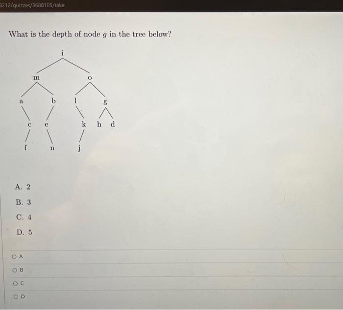 Solved What is the depth of node g in the tree below? A. 2 | Chegg.com