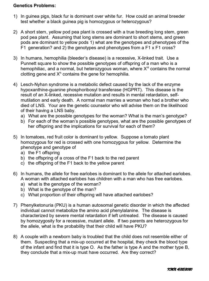 Solved Genetics Problems: 1) In guinea pigs, black fur is | Chegg.com