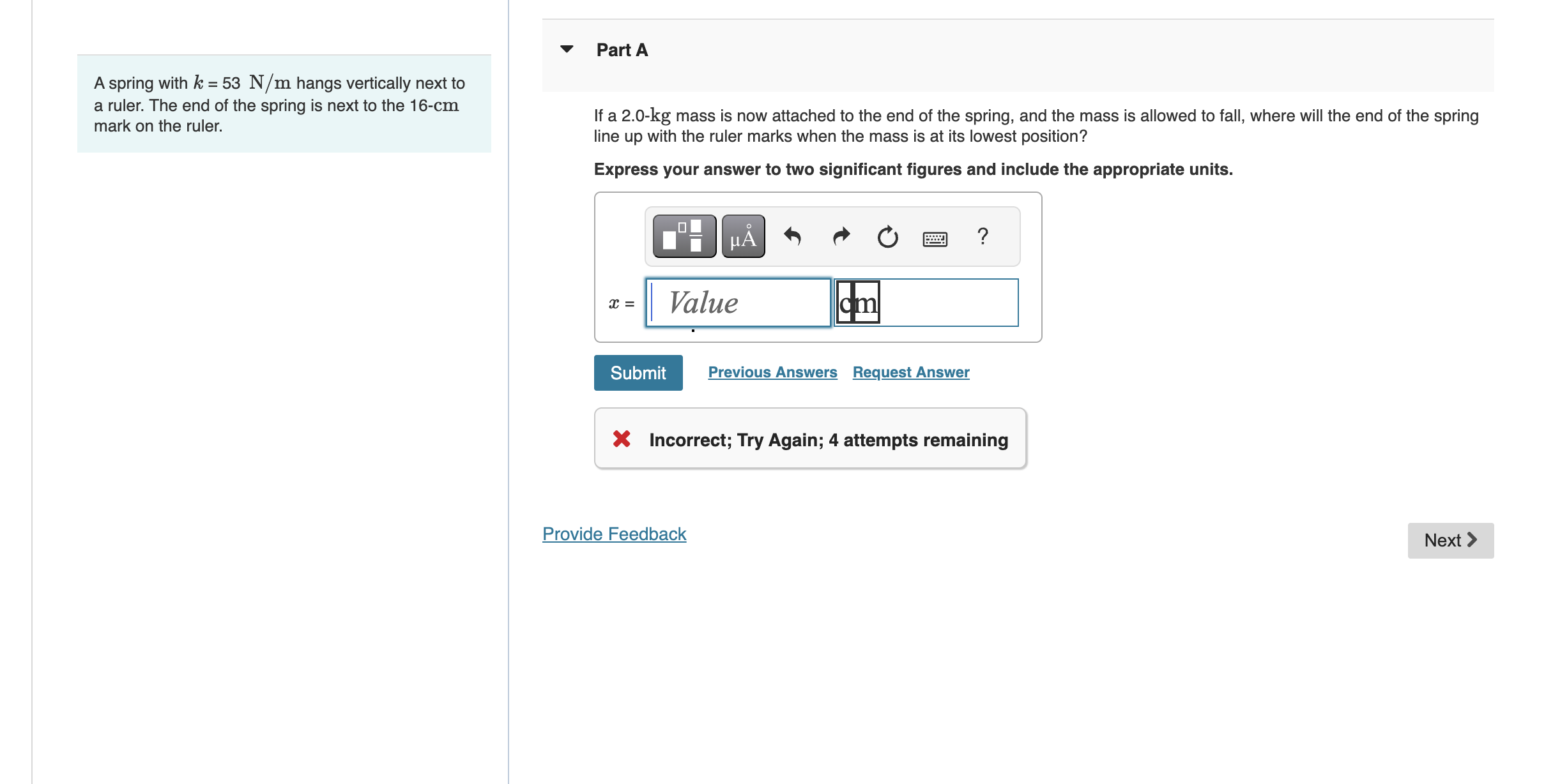 Solved A spring with \( ﻿k=53 \mathrm{~N} / \mathrm{m} \) | Chegg.com