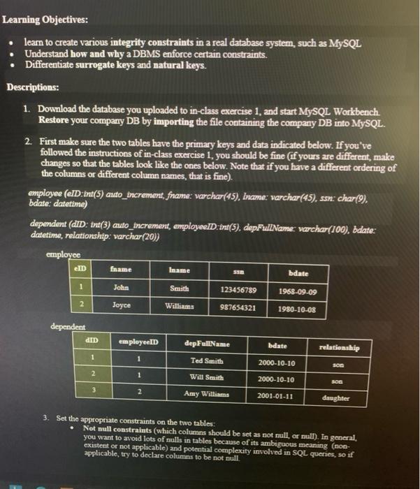 In-class exercise 5: Creating Constraints in MySQL DB | Chegg.com