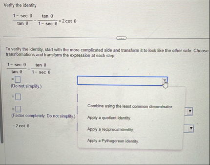 Solved Verify the identity.1-secθtanθ-tanθ1-secθ=2cotθTo | Chegg.com