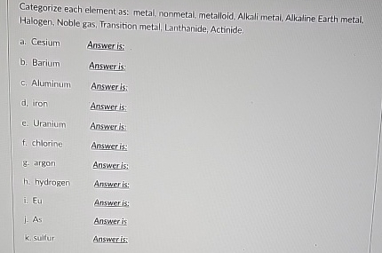 Solved Categorize each element as: metal, nonmetal, | Chegg.com