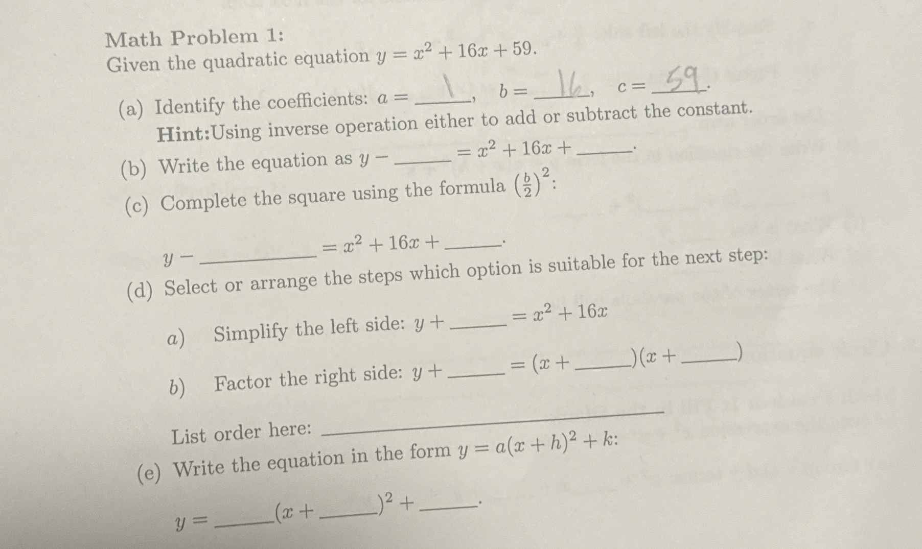 Solved Math Problem 1:Given the quadratic equation | Chegg.com