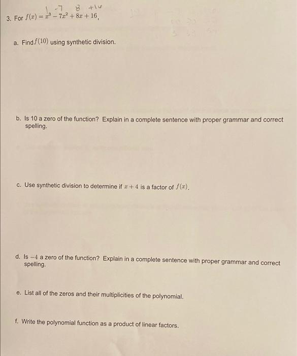 Solved 1-7 8 +lu 3. For f(t) = 7 - 7x² +82 +16, a. Find (10) | Chegg.com