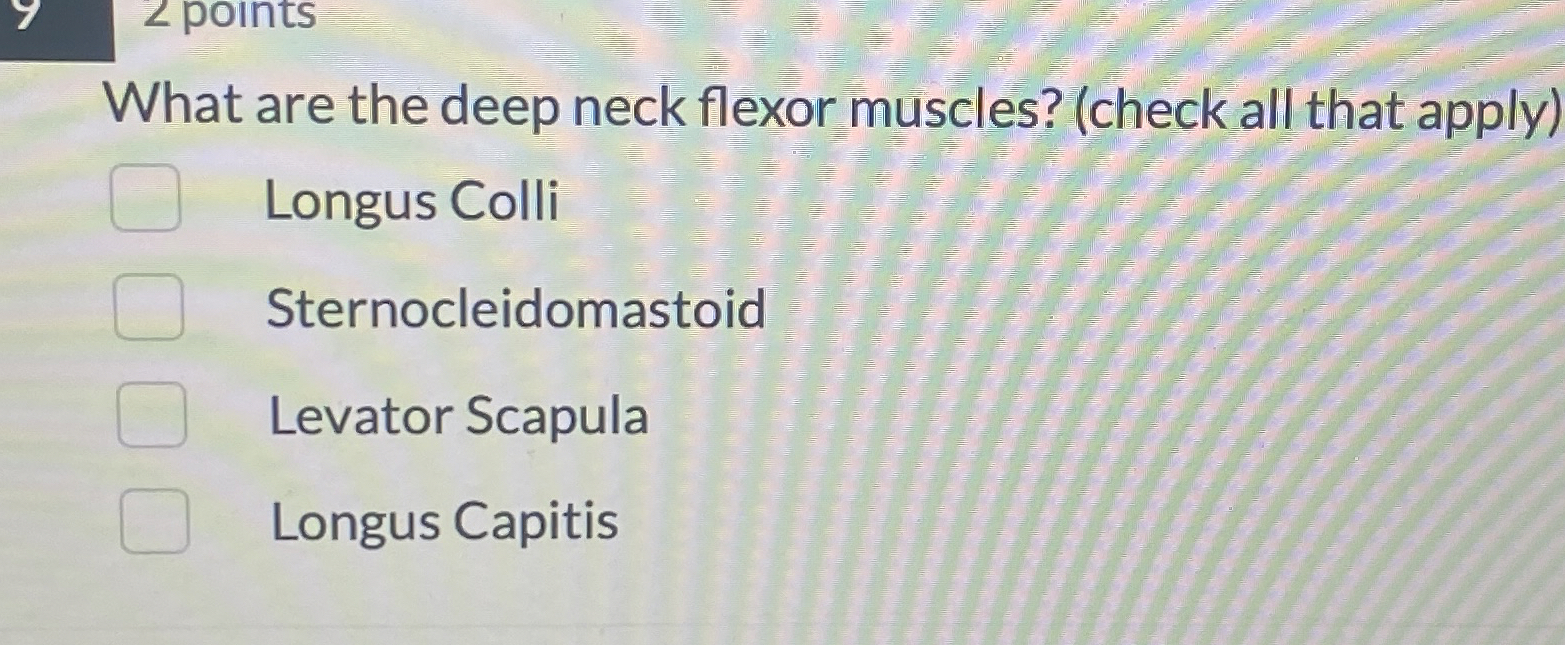 Solved What are the deep neck flexor muscles? (check all | Chegg.com