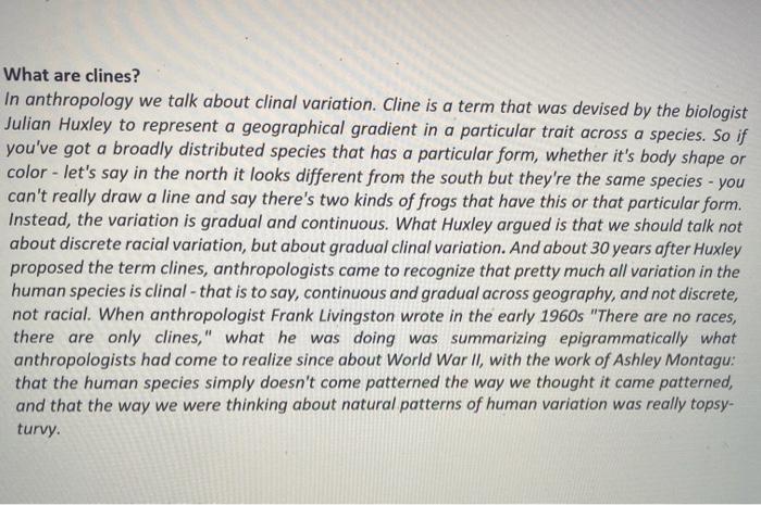 Solved What are clines? In anthropology we talk about clinal | Chegg.com