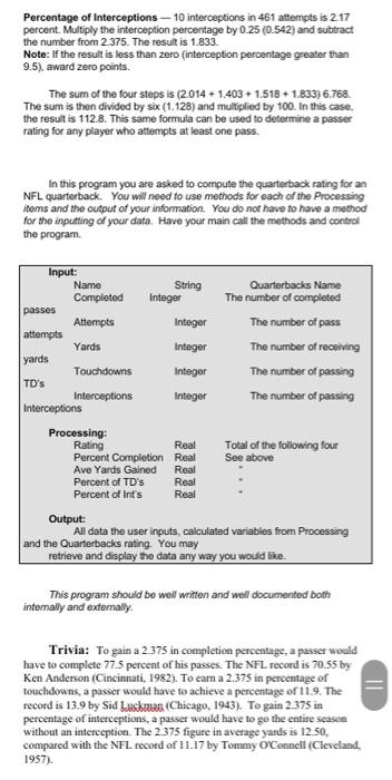 Solved NFL Quarterback Rating Formula The NFL rates its | Chegg.com