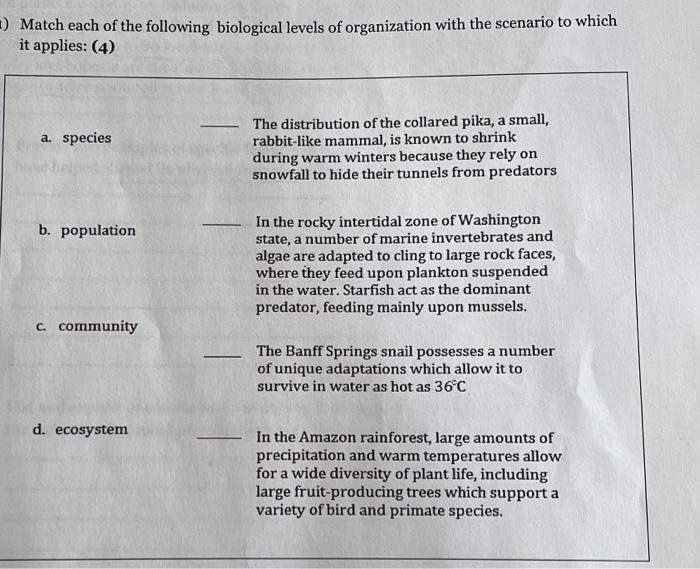 Solved Match each of the following biological levels of | Chegg.com