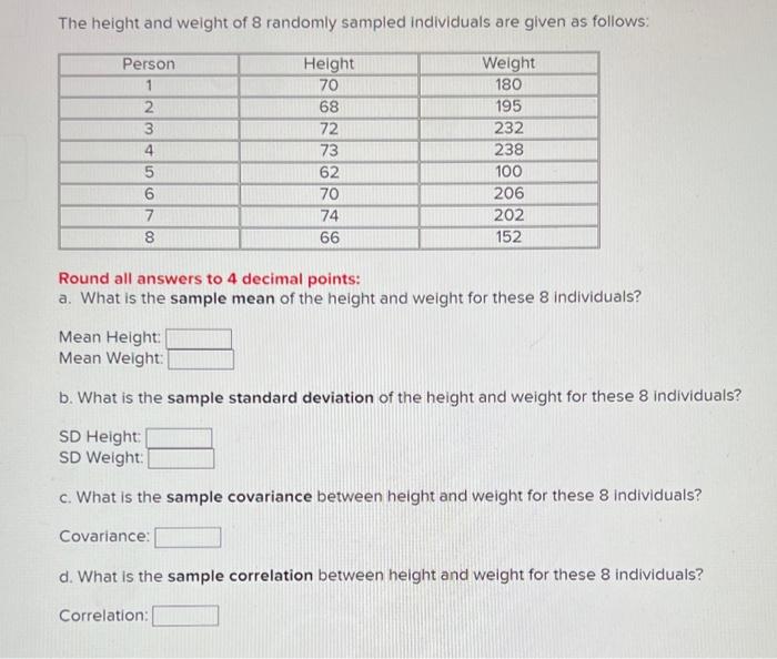 Solved The height and weight of 8 randomly sampled | Chegg.com
