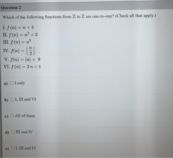 Solved Question 2 Which of the following functions from Z to | Chegg.com
