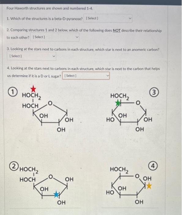 Four Haworth structures are shown and numbered 1-4. | Chegg.com