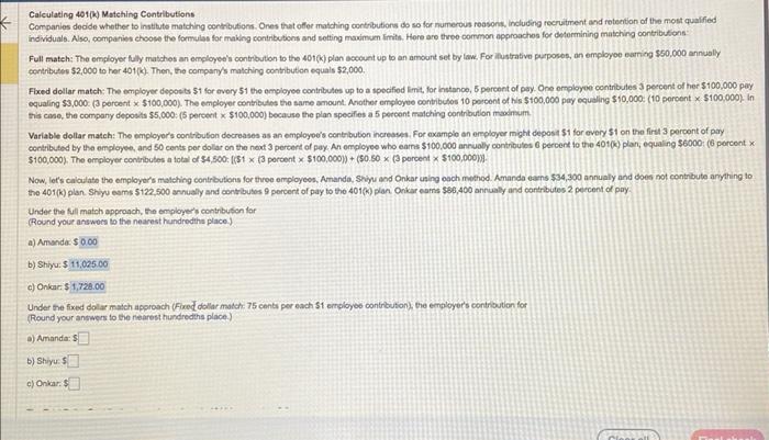 Solved Calculating 401(k) Matching Contributions Companies | Chegg.com