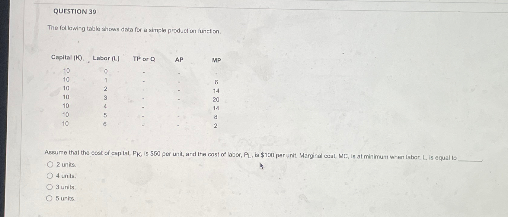 QUESTION 39The following table shows data for a | Chegg.com