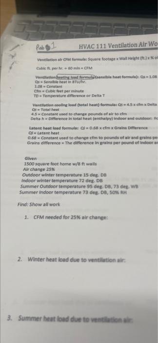 Solved 5 2 Prob 1 HVAC 111 Ventilation Air Wo Ventilation | Chegg.com