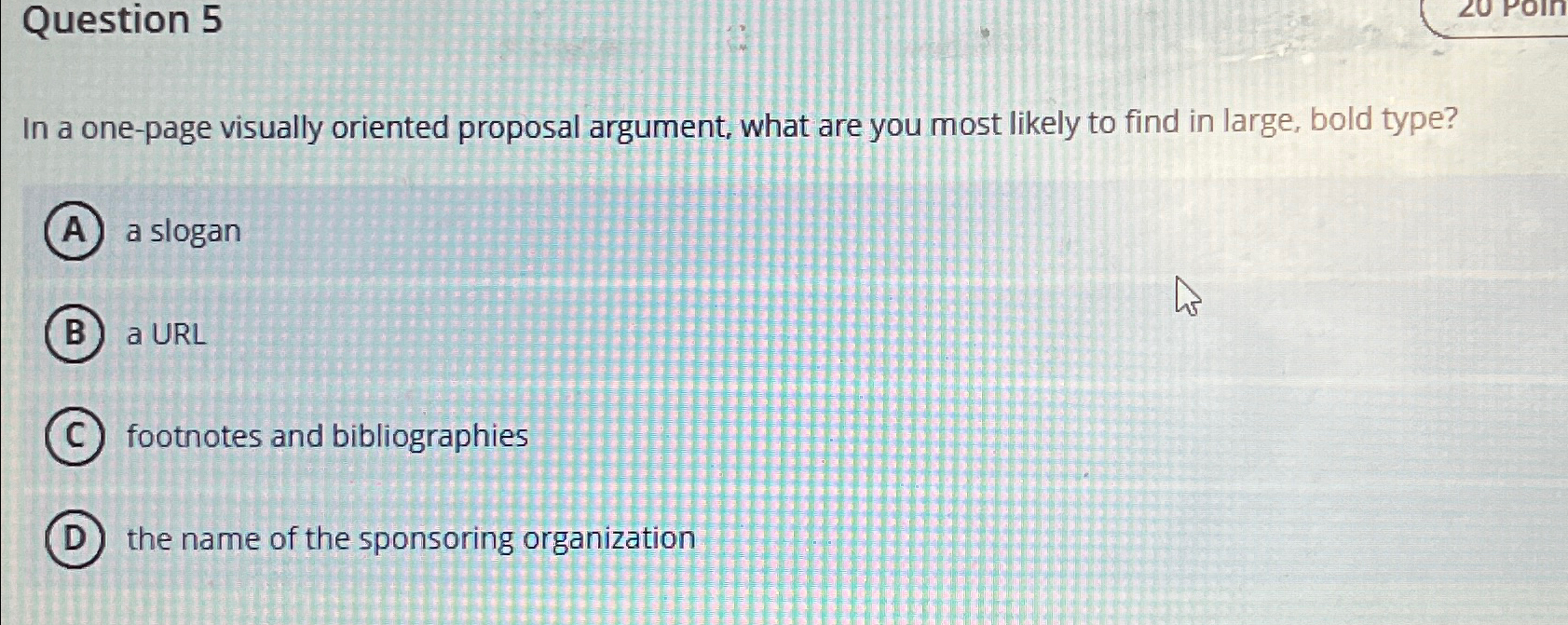 Solved Question 5In a one-page visually oriented proposal | Chegg.com