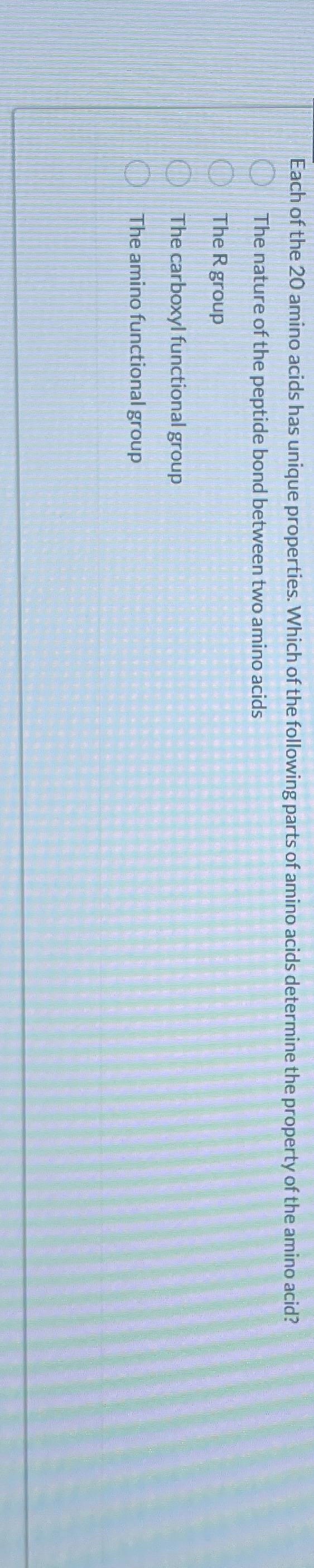 Solved Each of the 20 ﻿amino acids has unique properties. | Chegg.com