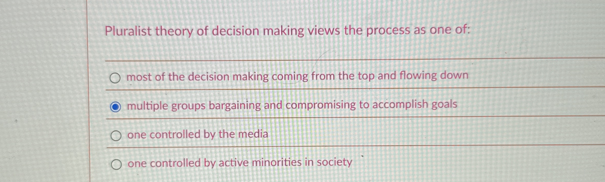 Solved Pluralist theory of decision making views the process | Chegg.com