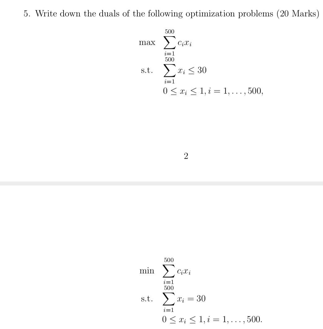 Solved 5. Write down the duals of the following optimization | Chegg.com