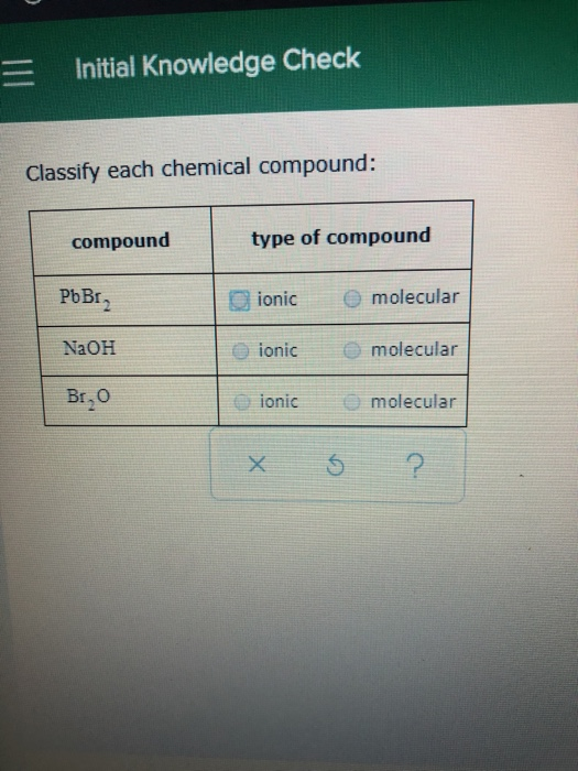 Solved Initial Knowledge Check Classify each chemical | Chegg.com