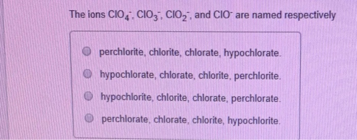 Solved The ions ClO.. CIO 21, C10, and CIO- are named | Chegg.com