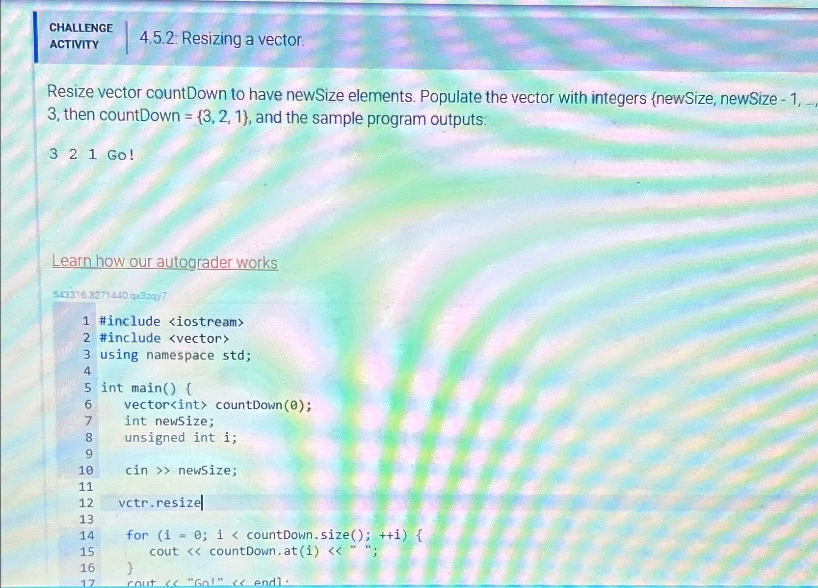 CHALLENGEACTIVITY4.5.2: Resizing a vector.Resize | Chegg.com