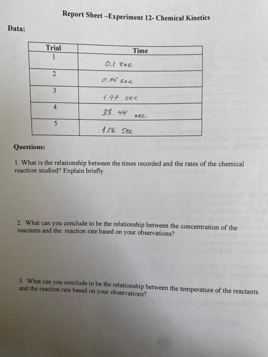 Solved Report Sheet-Experiment 12- Chemical Kinetics Time | Chegg.com
