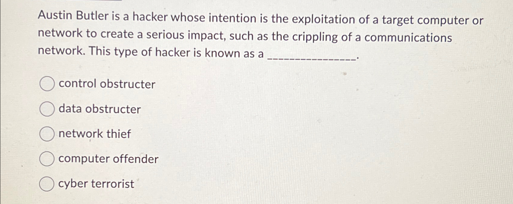 Solved Austin Butler is a hacker whose intention is the | Chegg.com