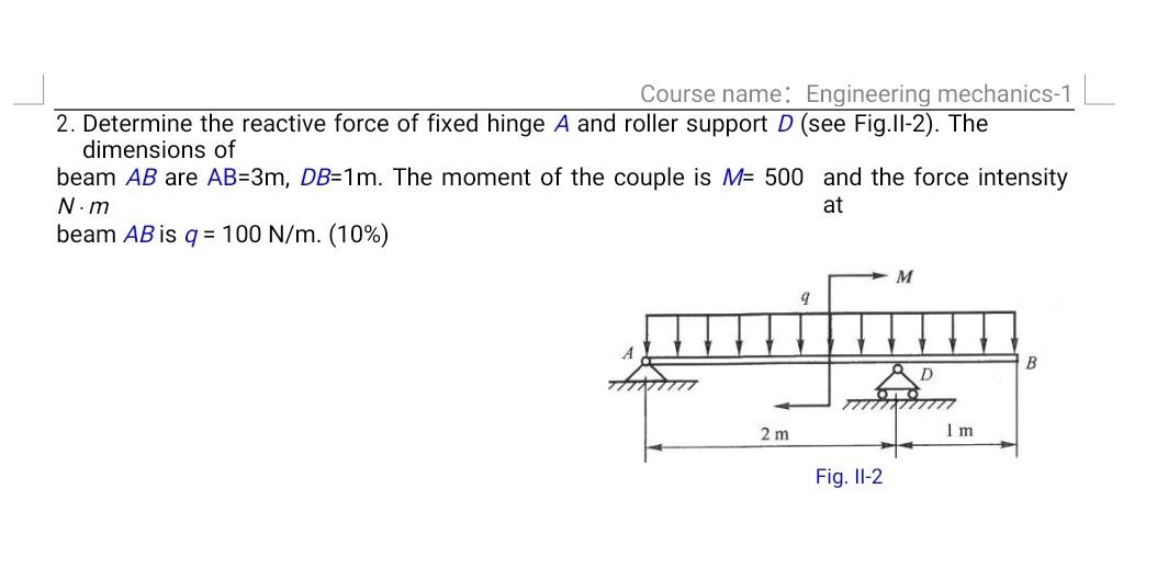 Solved 2. Determine the reactive force of fixed hinge A and | Chegg.com