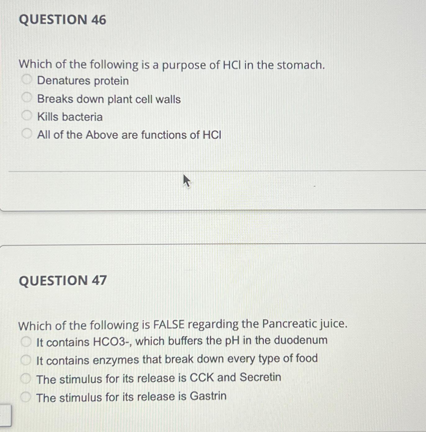 Solved QUESTION 46Which of the following is a purpose of HCl | Chegg.com