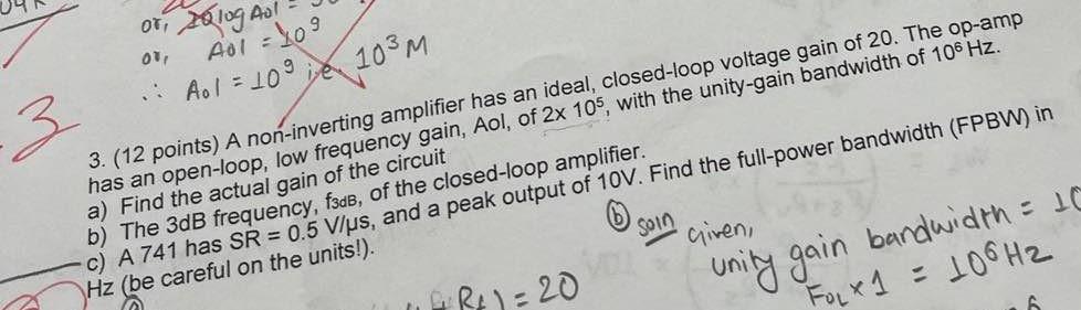 Solved 3. (12 points) A non-inverting amplifier has an | Chegg.com