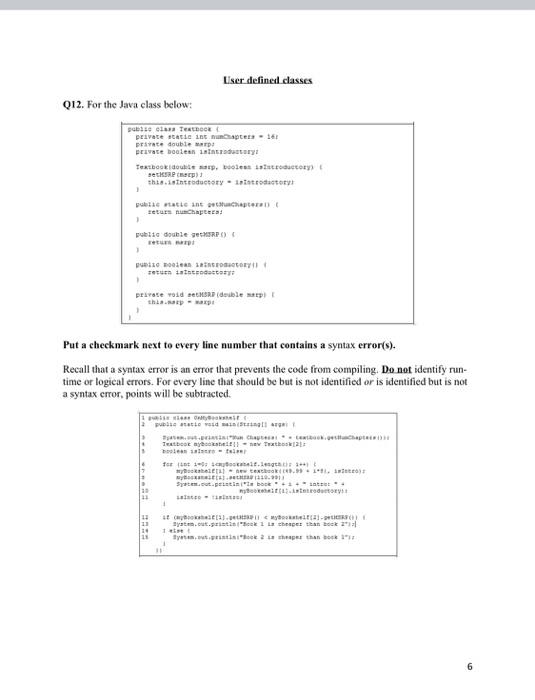 Solved User defined classes Q12. For the Java class below: | Chegg.com