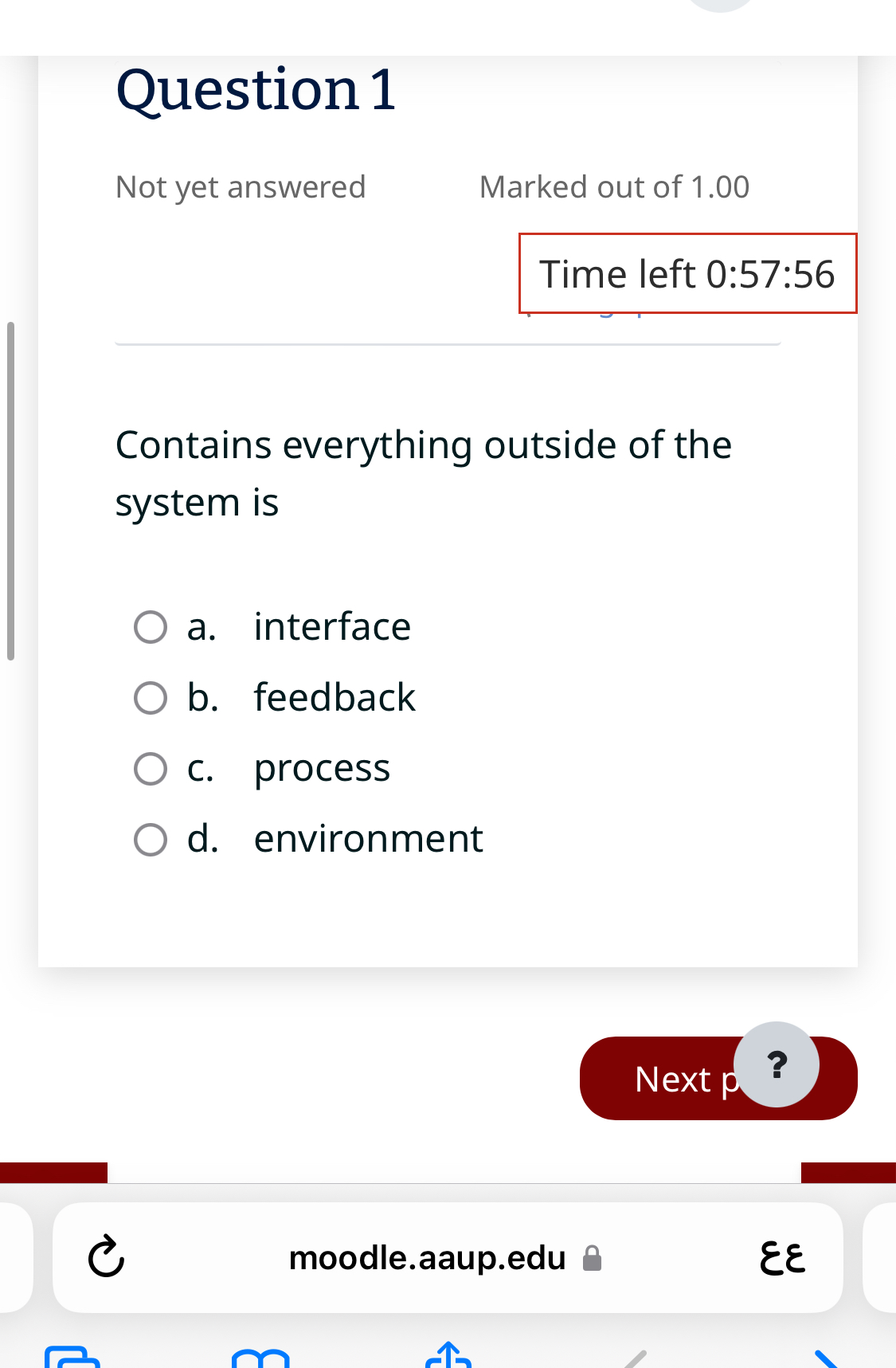 Solved Question 1Not yet answeredMarked out of 1.00Time left | Chegg.com