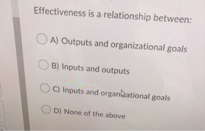 Solved Effectiveness is a relationship between: A) Outputs | Chegg.com