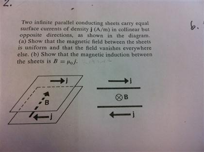 Two infinite parallel conducting sheets carry equal | Chegg.com