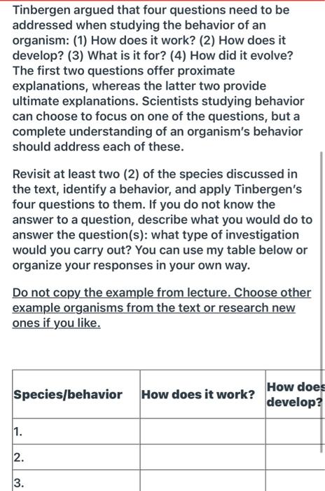 Solved Tinbergen argued that four questions need to be | Chegg.com