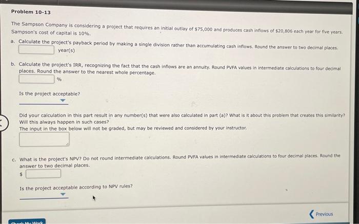 Solved Problem 10-13 The Sampson Company is considering a | Chegg.com