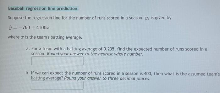 Solved Baseball regression line prediction: Suppose the | Chegg.com