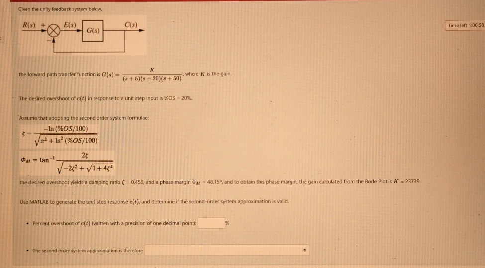 Given the unity feedback system below,Time left | Chegg.com