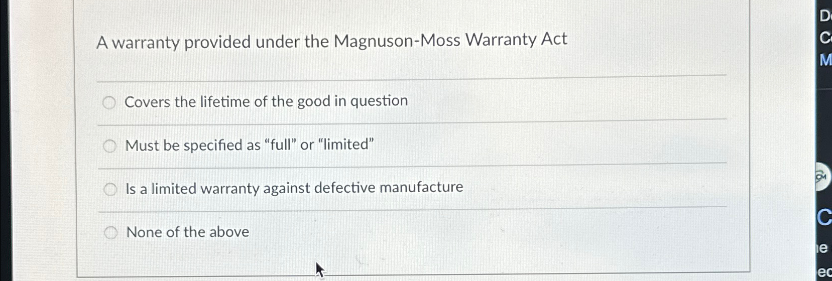 Solved A warranty provided under the Magnuson-Moss Warranty | Chegg.com
