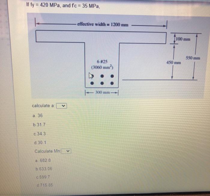 Solved If fy = 420 MPa, and fc = 35 MPa, effective width = | Chegg.com