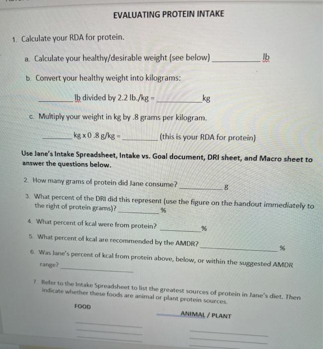 Solved EVALUATING PROTEIN INTAKE 1. Calculate your RDA for | Chegg.com