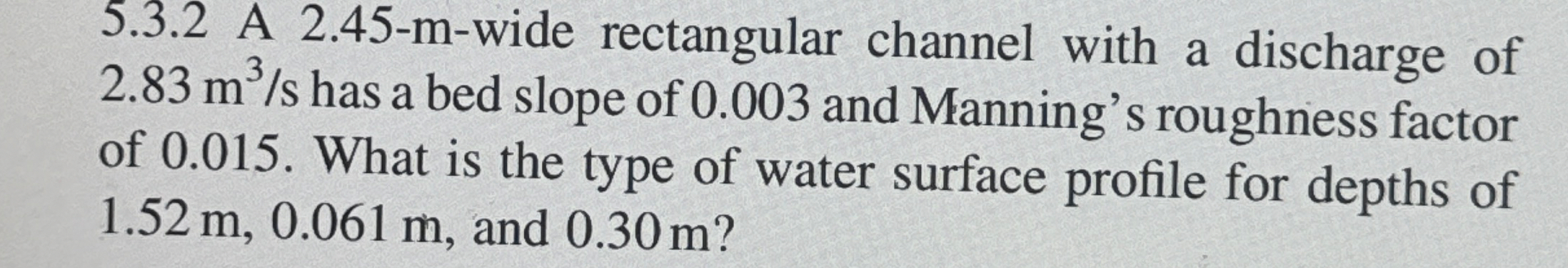 Solved 5.3.2 ﻿A 2.45-m-wide rectangular channel with a | Chegg.com