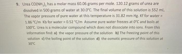 Solved 9. Urea CO(NH), has a molar mass 60.06 grams per | Chegg.com