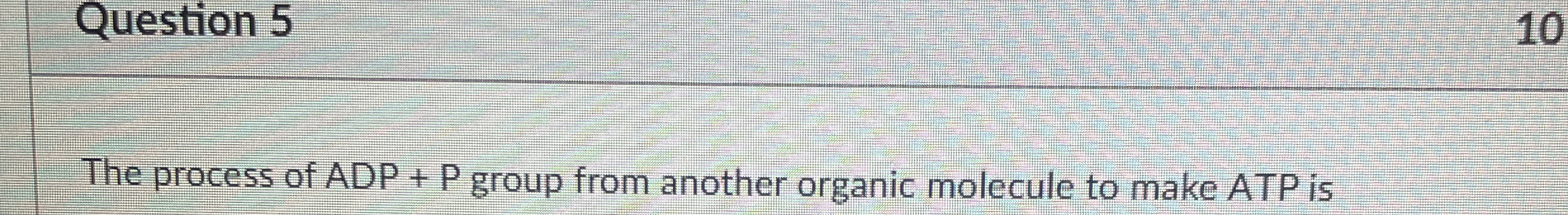Solved Question 5The process of ADP + ﻿P group from another | Chegg.com