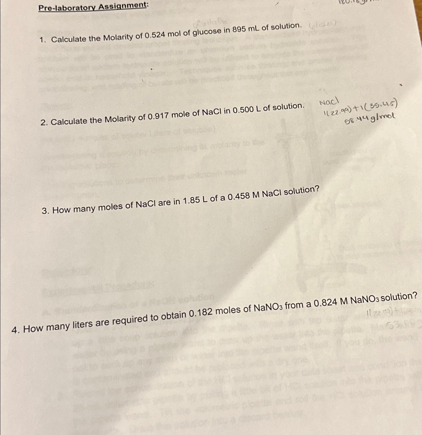 Solved Pre-laboratory Assignment:Calculate the Molarity of | Chegg.com